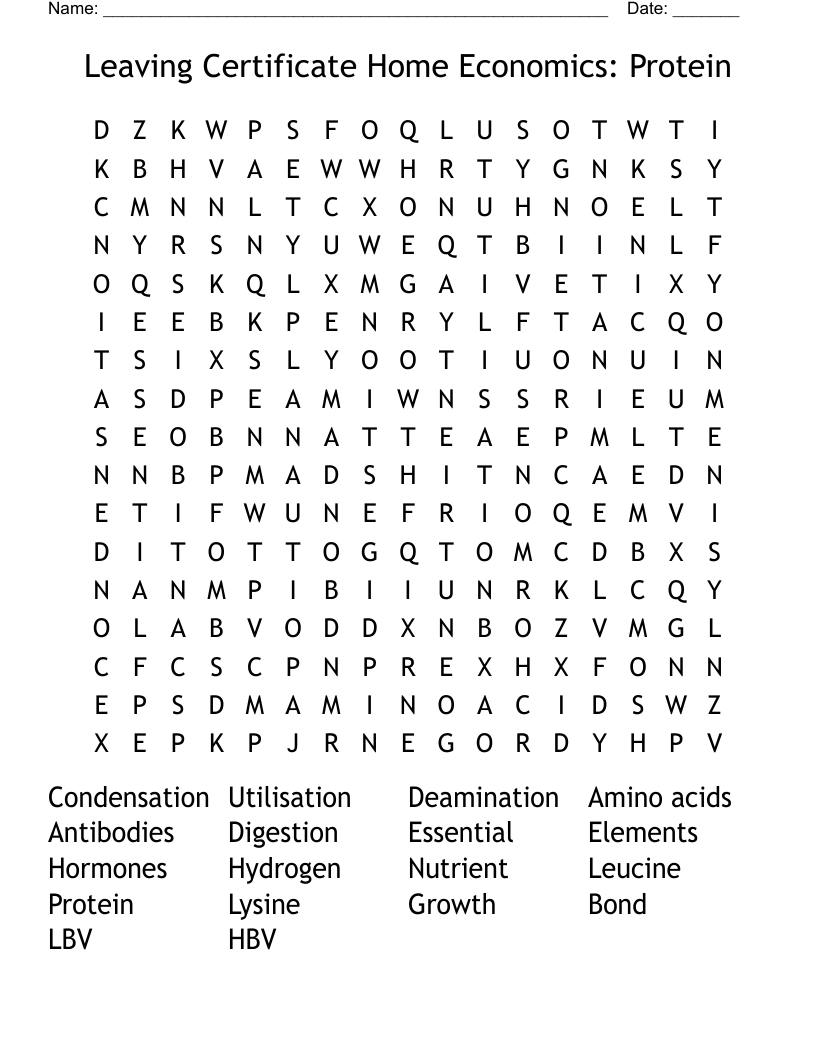 Leaving Certificate Home Economics: Protein Word Search - WordMint