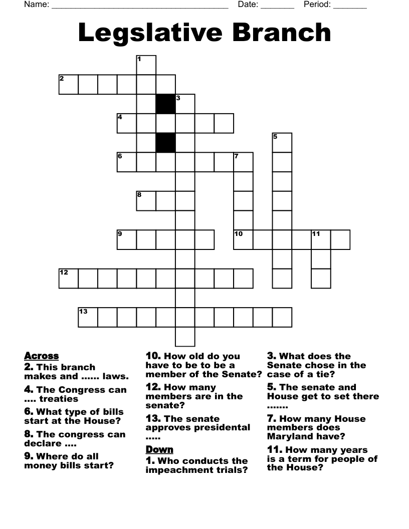 Legslative Branch Crossword - WordMint