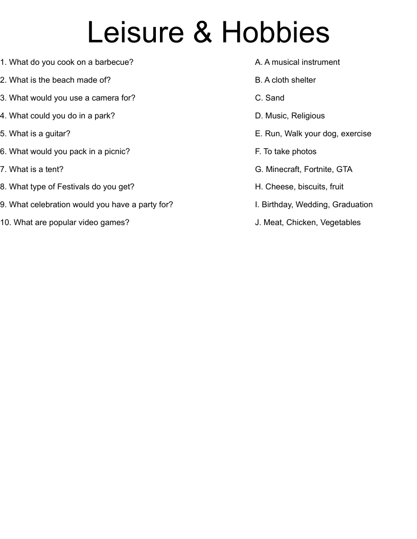 Leisure Hobbies Worksheet WordMint