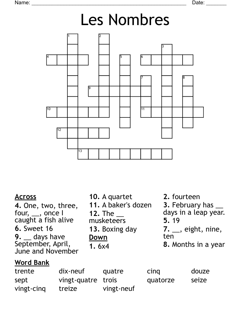 Les Nombres Crossword - WordMint
