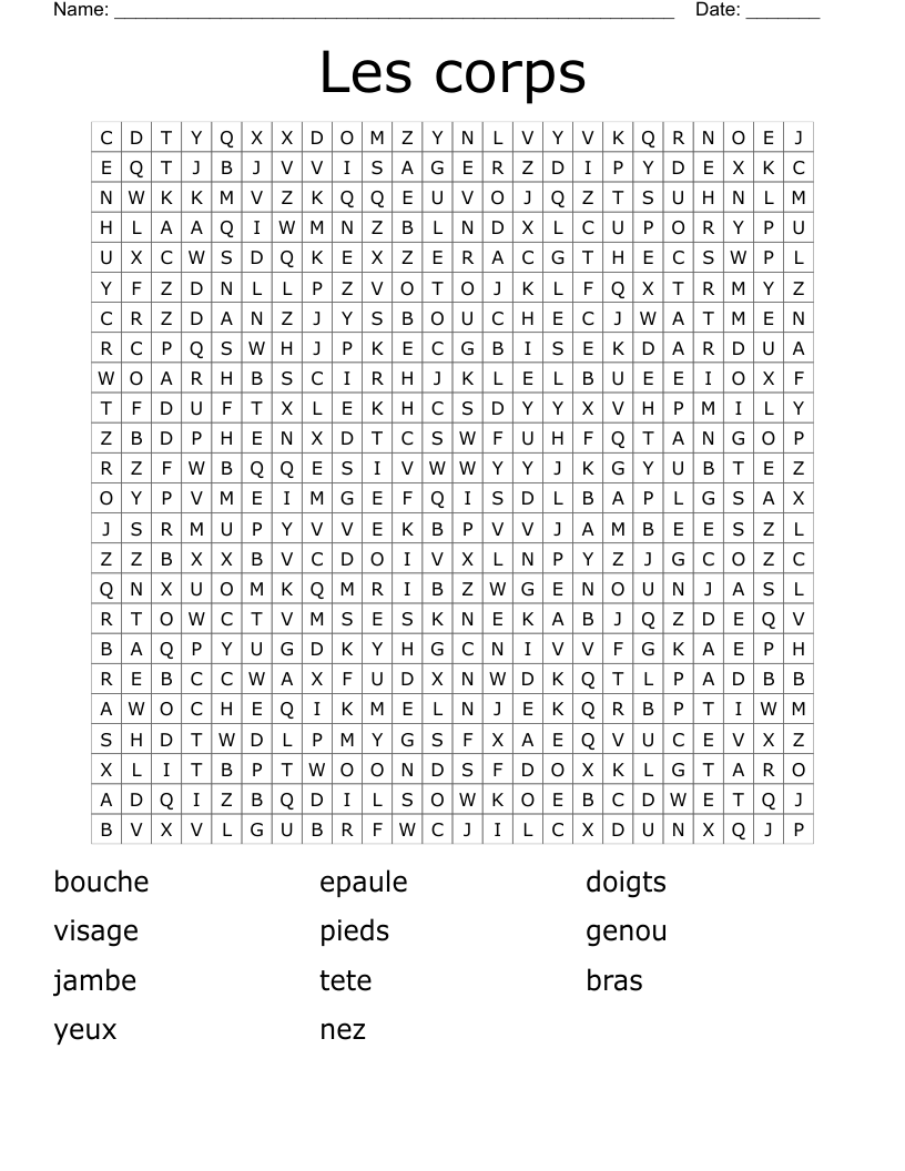Les corps Word Search - WordMint