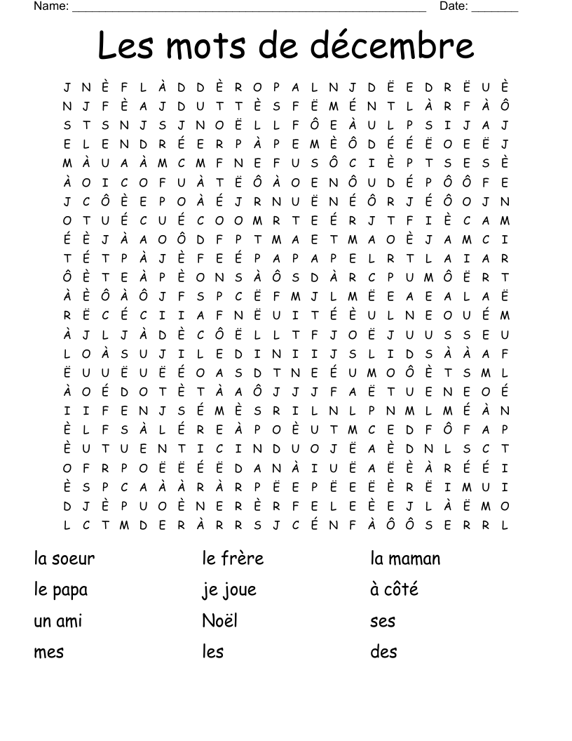 Les mots de décembre Word Search - WordMint