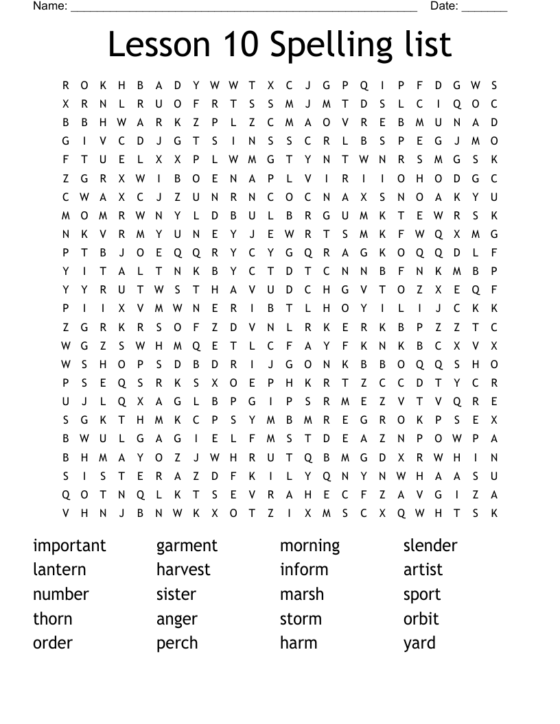 Lesson 10 Spelling list Word Search - WordMint