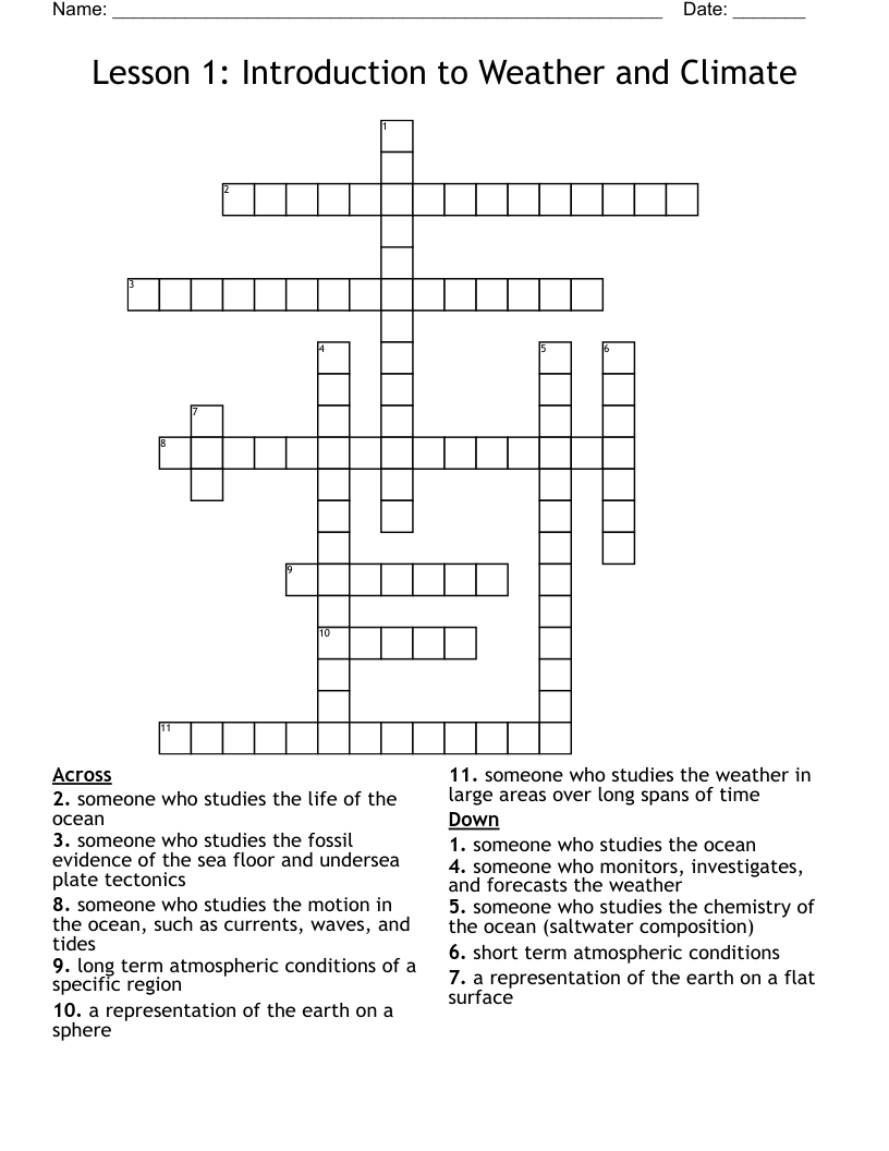Lesson 1: Introduction to Weather and Climate Crossword - WordMint