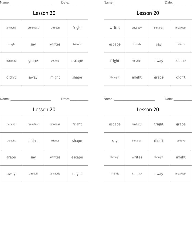 Lesson 20 Bingo Cards - WordMint