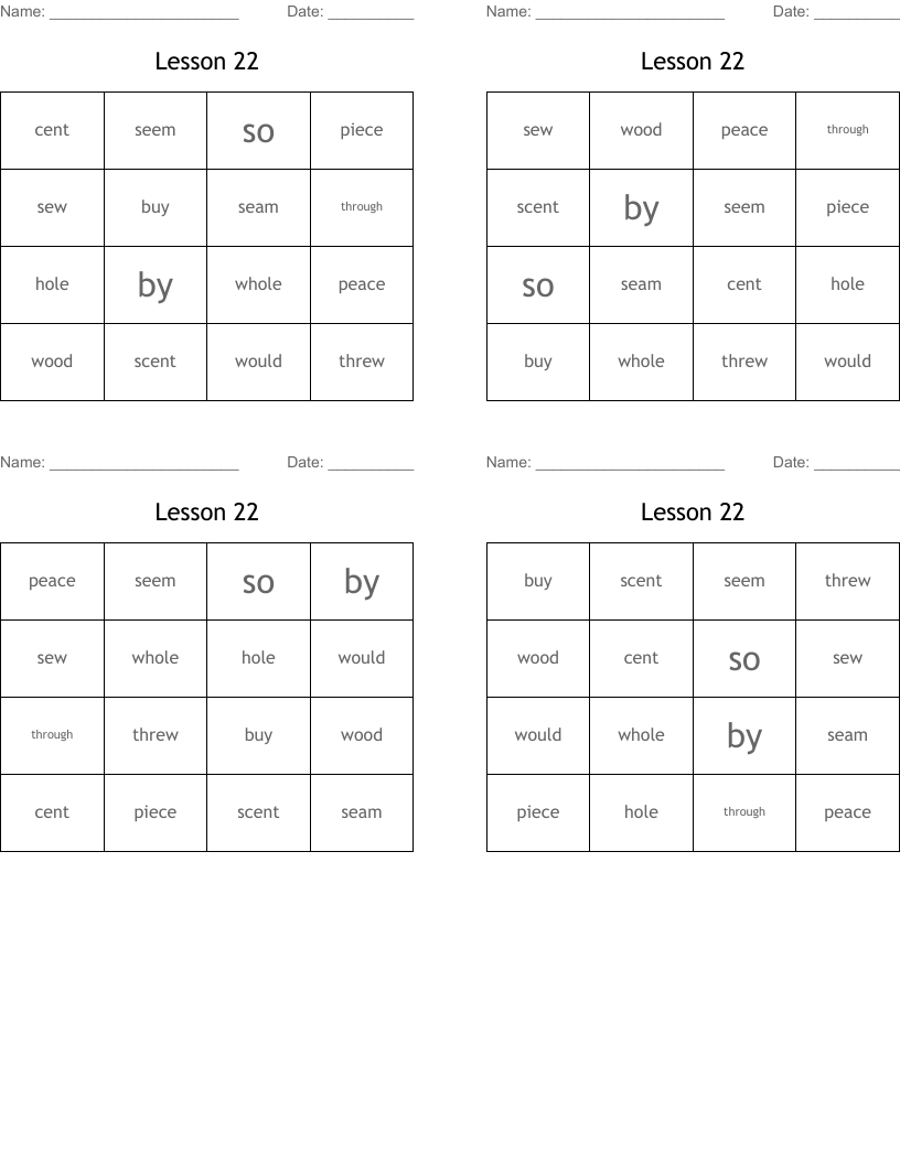 Lesson 22 Bingo Cards - WordMint