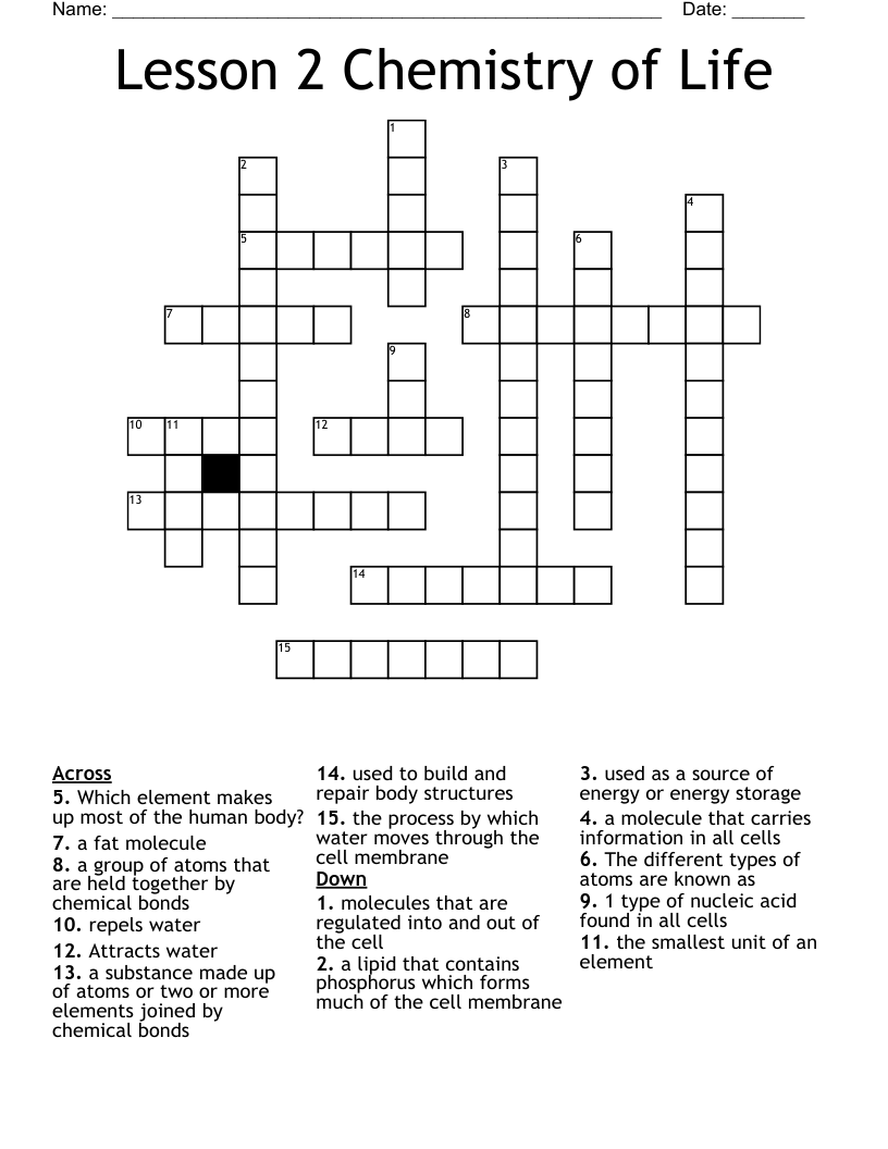 Lesson 2 Chemistry of Life Crossword - WordMint
