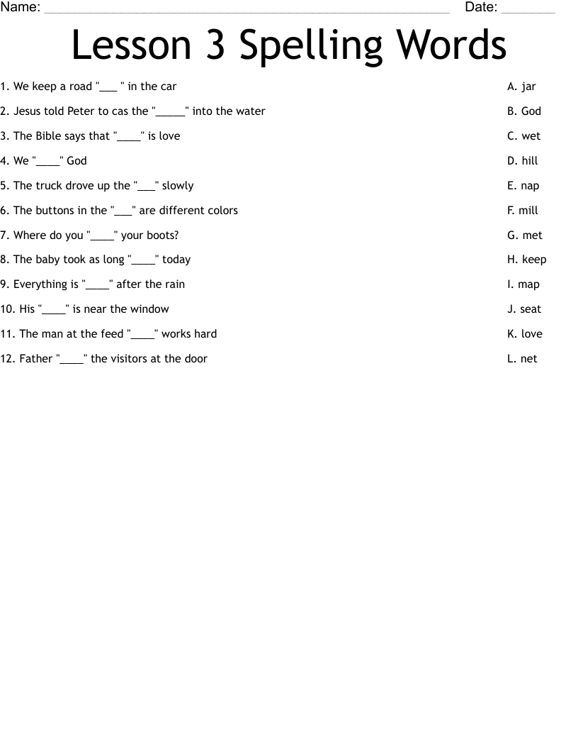 Lesson 3 Spelling Words Worksheet - WordMint