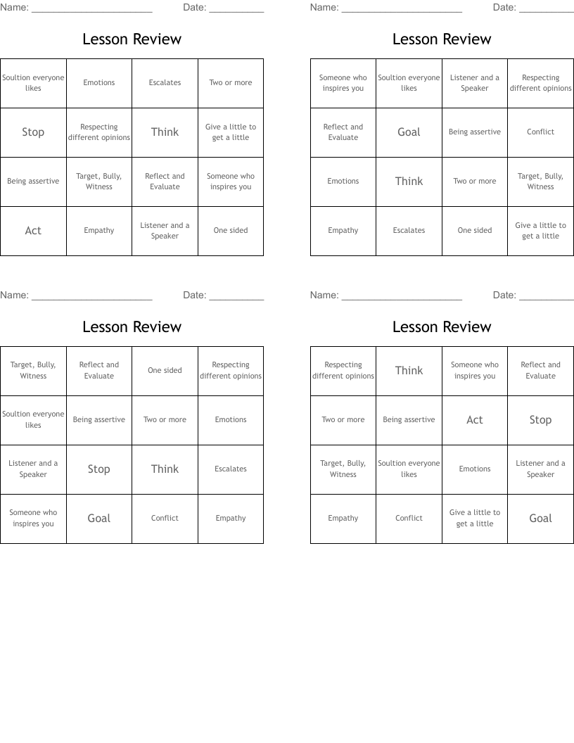 Lesson Review Bingo Cards - WordMint