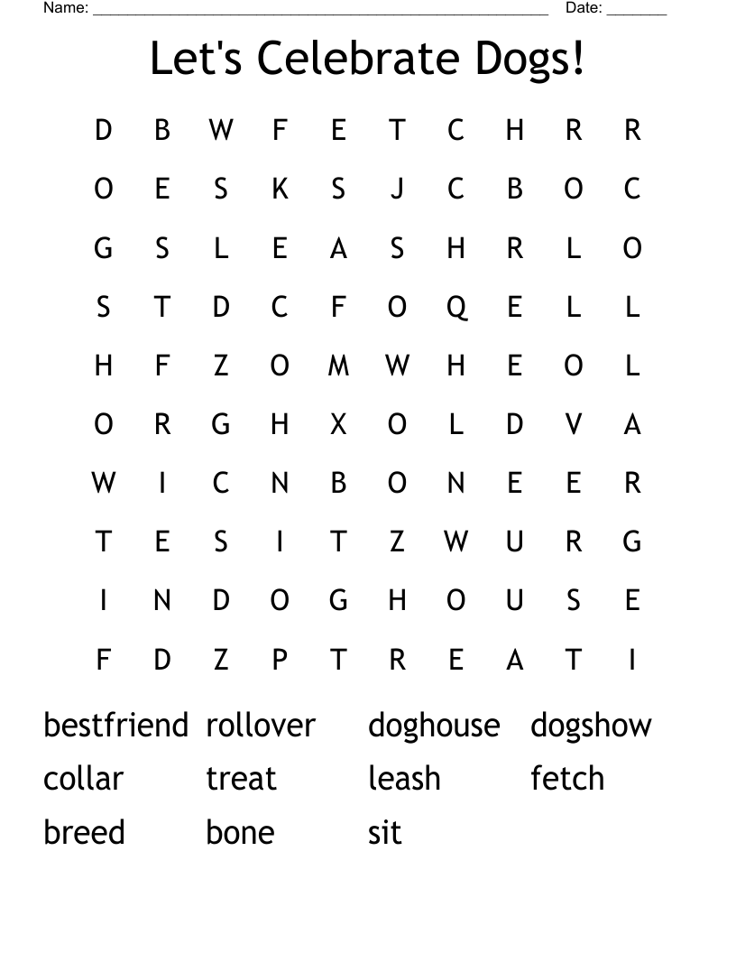 Let's Celebrate Dogs! Word Search - WordMint
