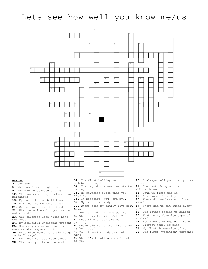 Lets see how well you know me/us Crossword - WordMint