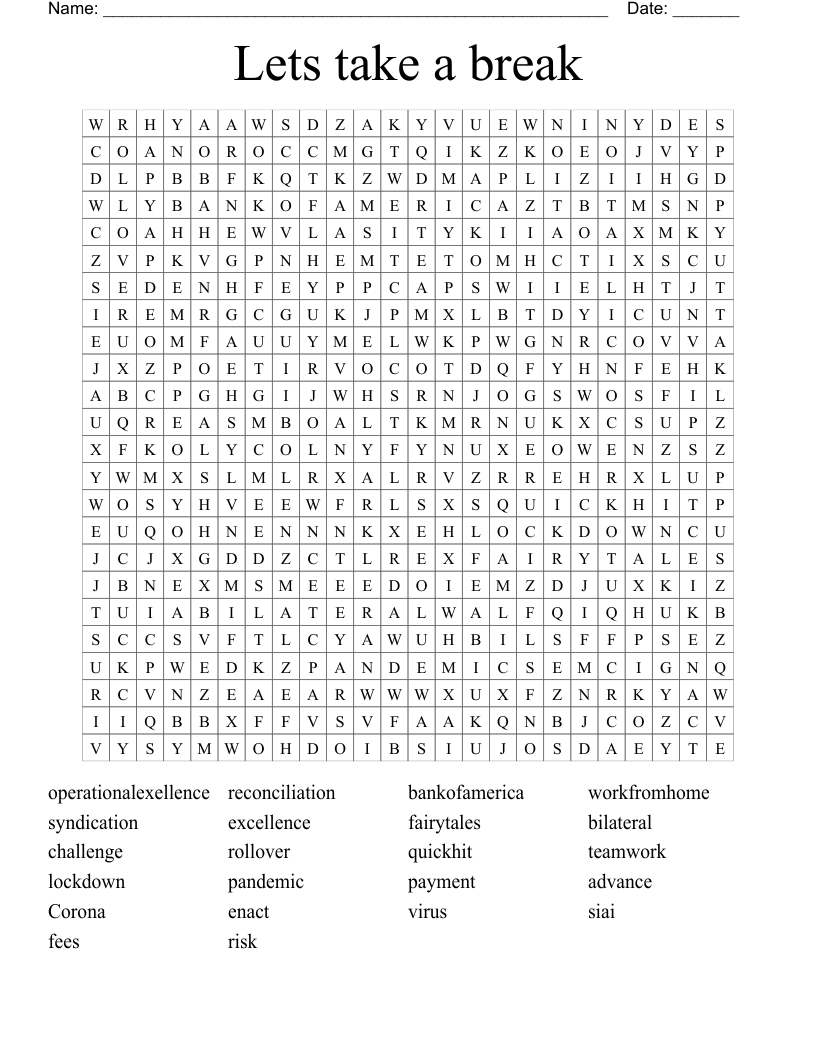 Lets take a break Word Search - WordMint