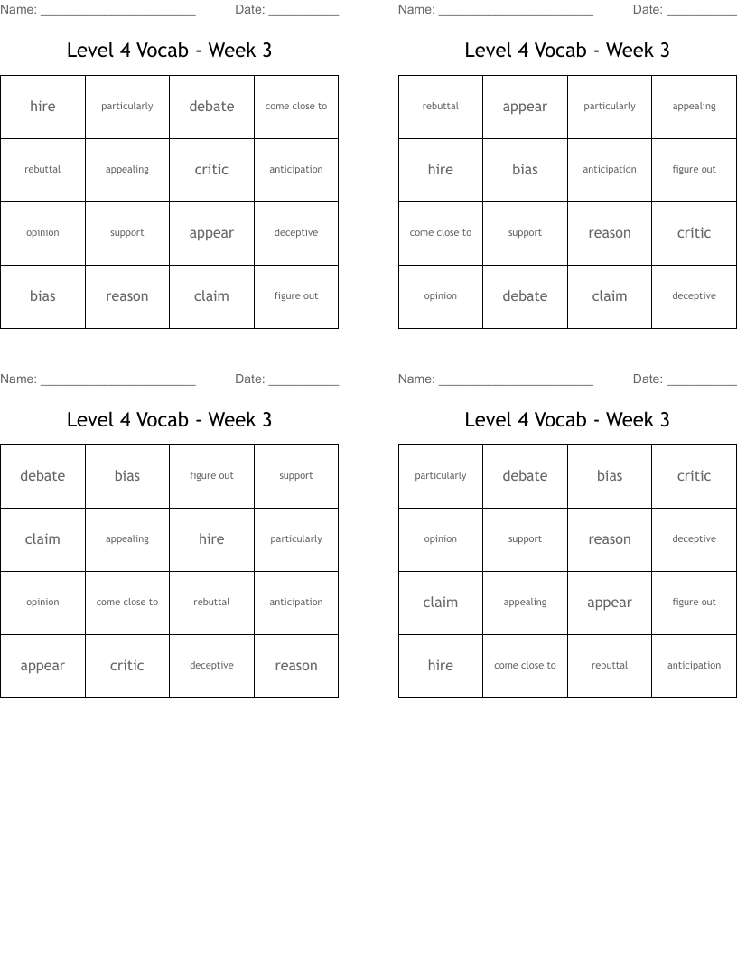 Level 4 Vocab - Week 3 Bingo Cards - WordMint