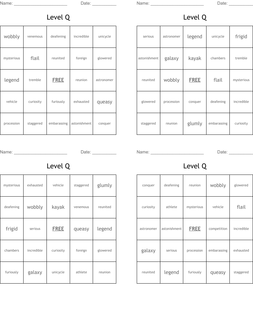 Level Q Bingo Cards - WordMint
