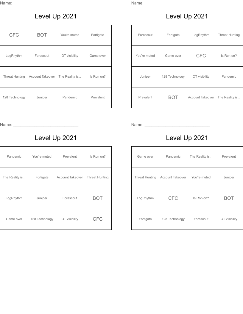 Level Up 2021 Bingo Cards - WordMint