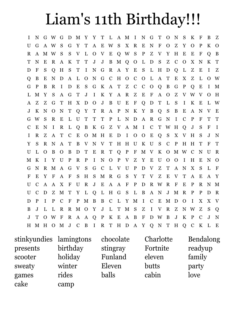 Liam's 11th Birthday!!! Word Search - WordMint