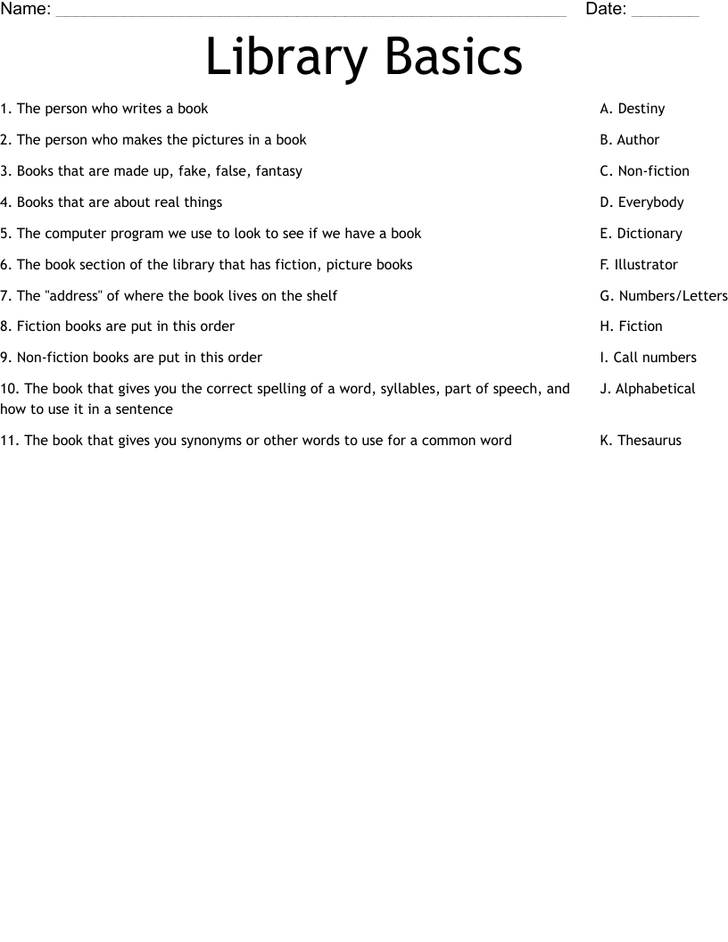 Library Basics Worksheet - WordMint