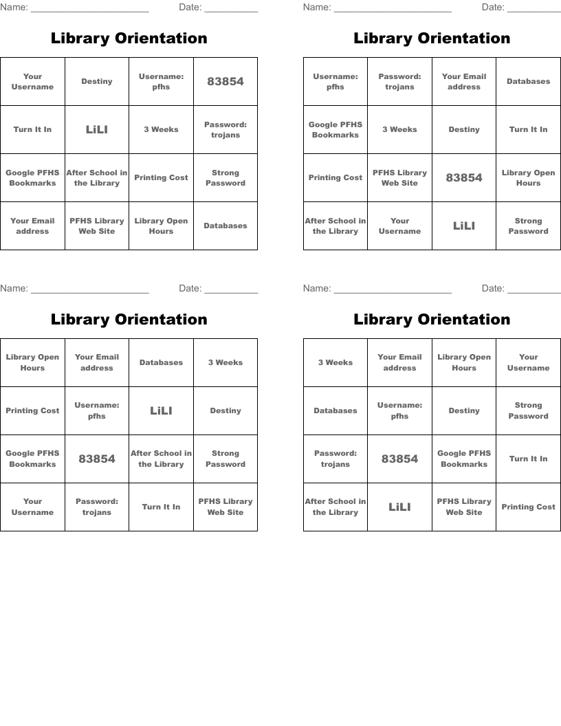 Library Orientation Bingo Cards - WordMint