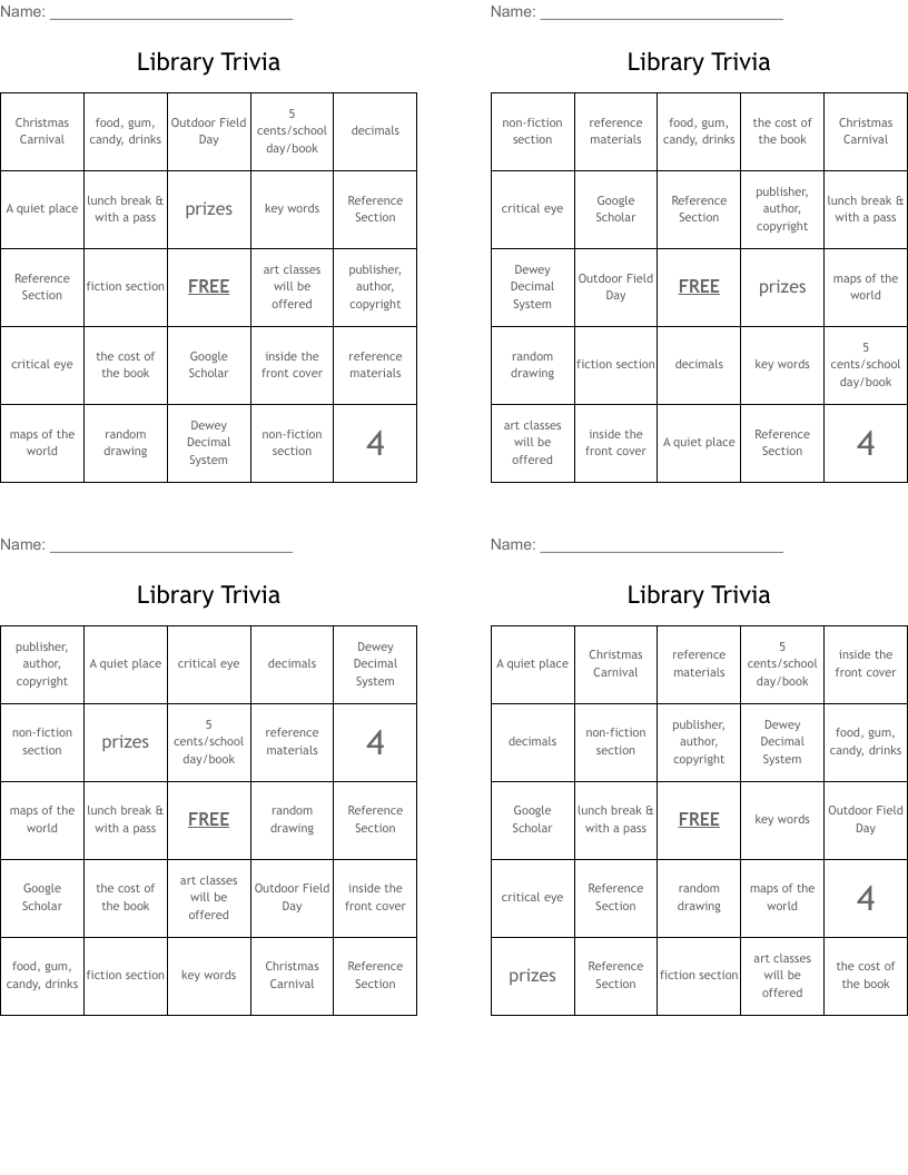Library Trivia Bingo Cards - WordMint
