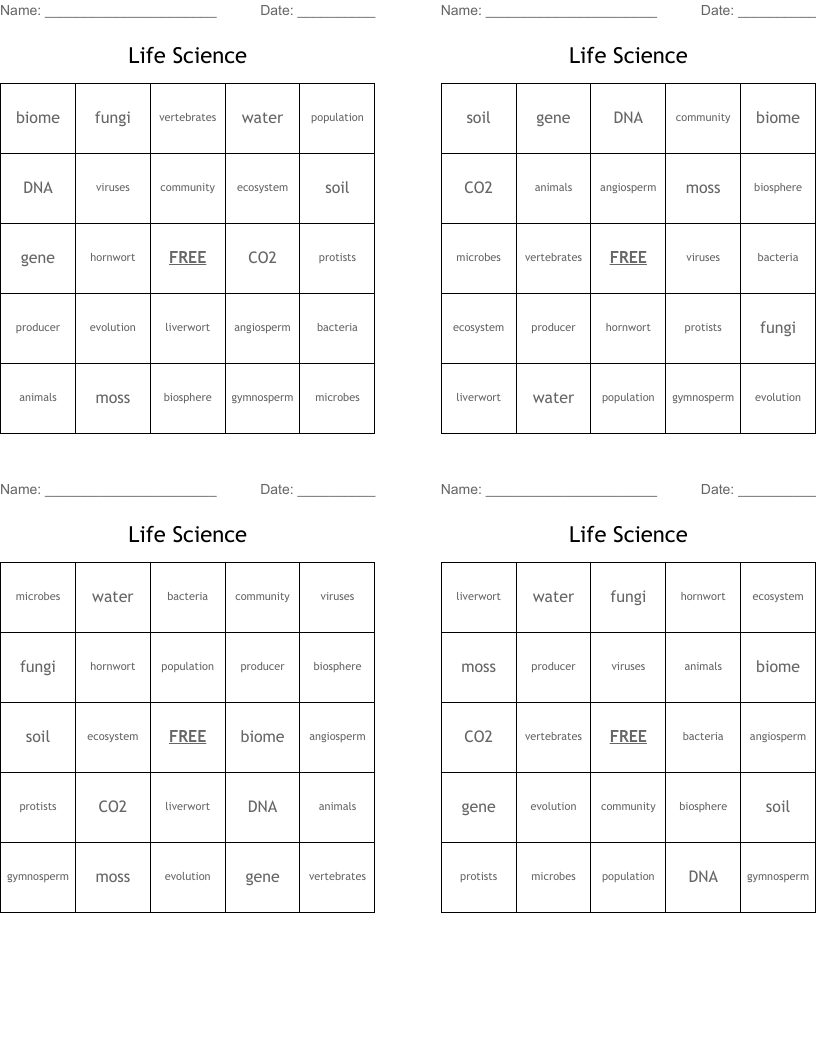 Life Science Bingo Cards - WordMint