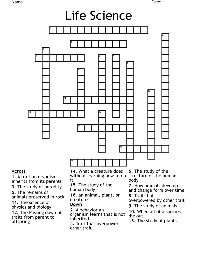 Life Science Crossword - WordMint