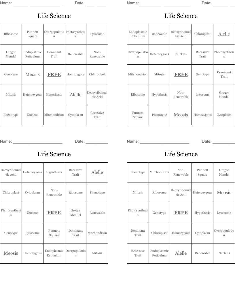 Life Science Bingo Cards - WordMint