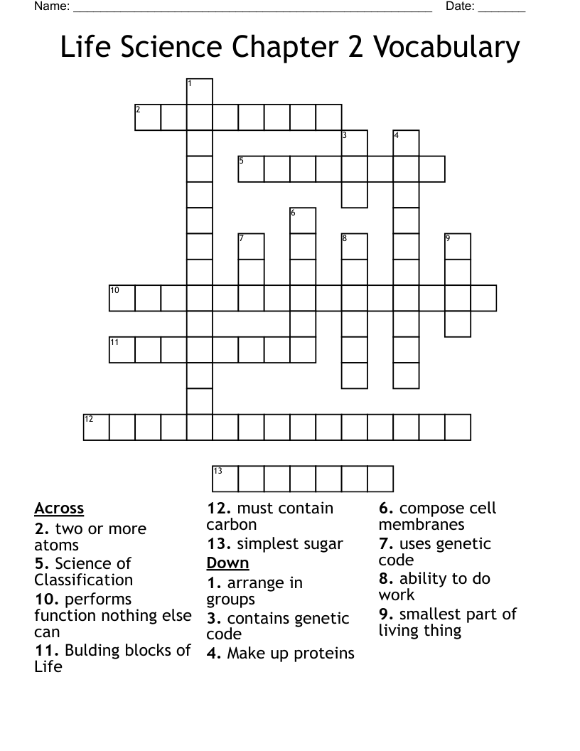 Life Science Chapter 2 Vocabulary Crossword - WordMint