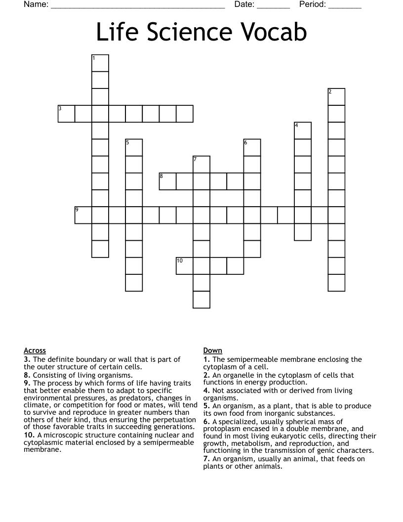 Life Science Vocab Crossword - WordMint