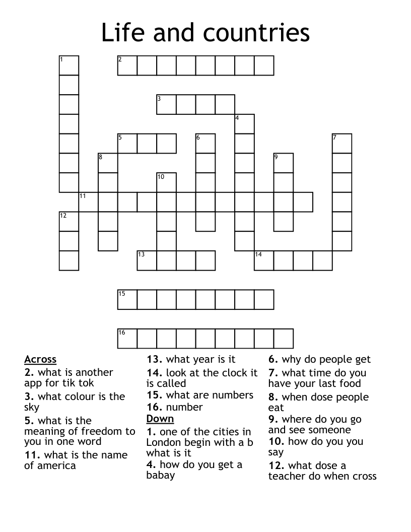 Life and countries Crossword - WordMint