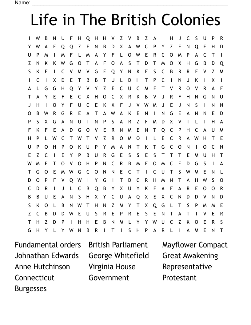 Life in The British Colonies Word Search - WordMint