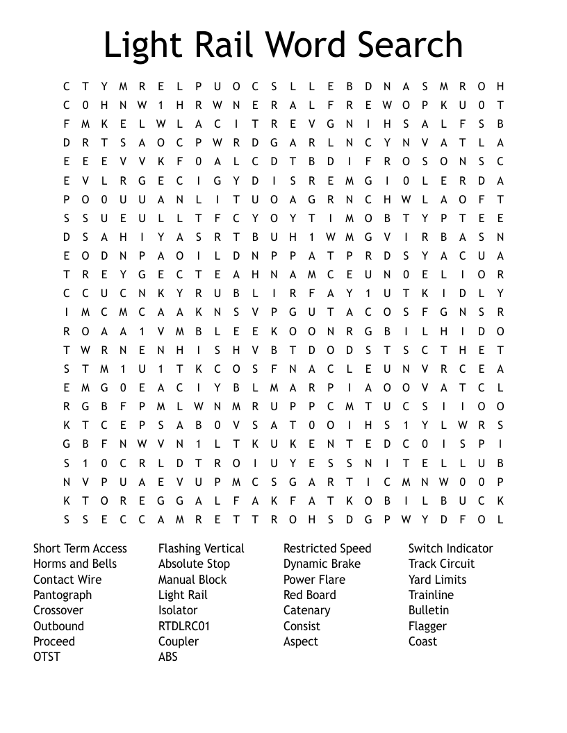 Light Rail Word Search - WordMint