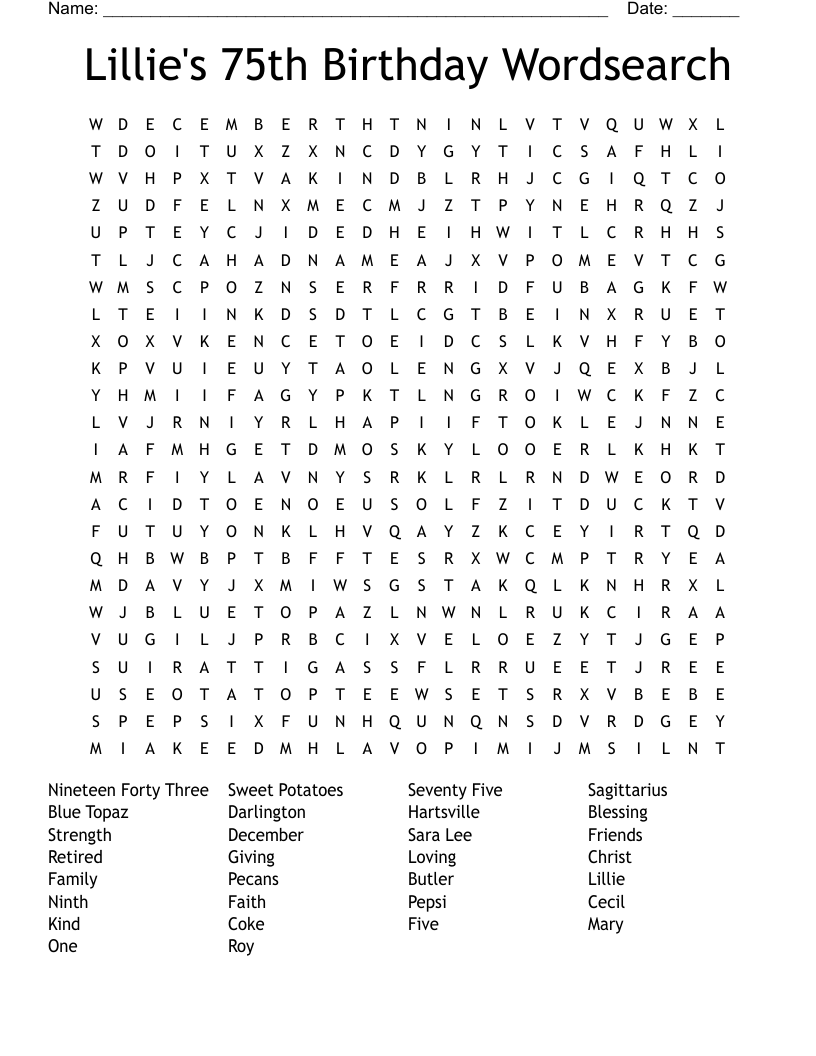 Lillie's 75th Birthday Wordsearch - WordMint