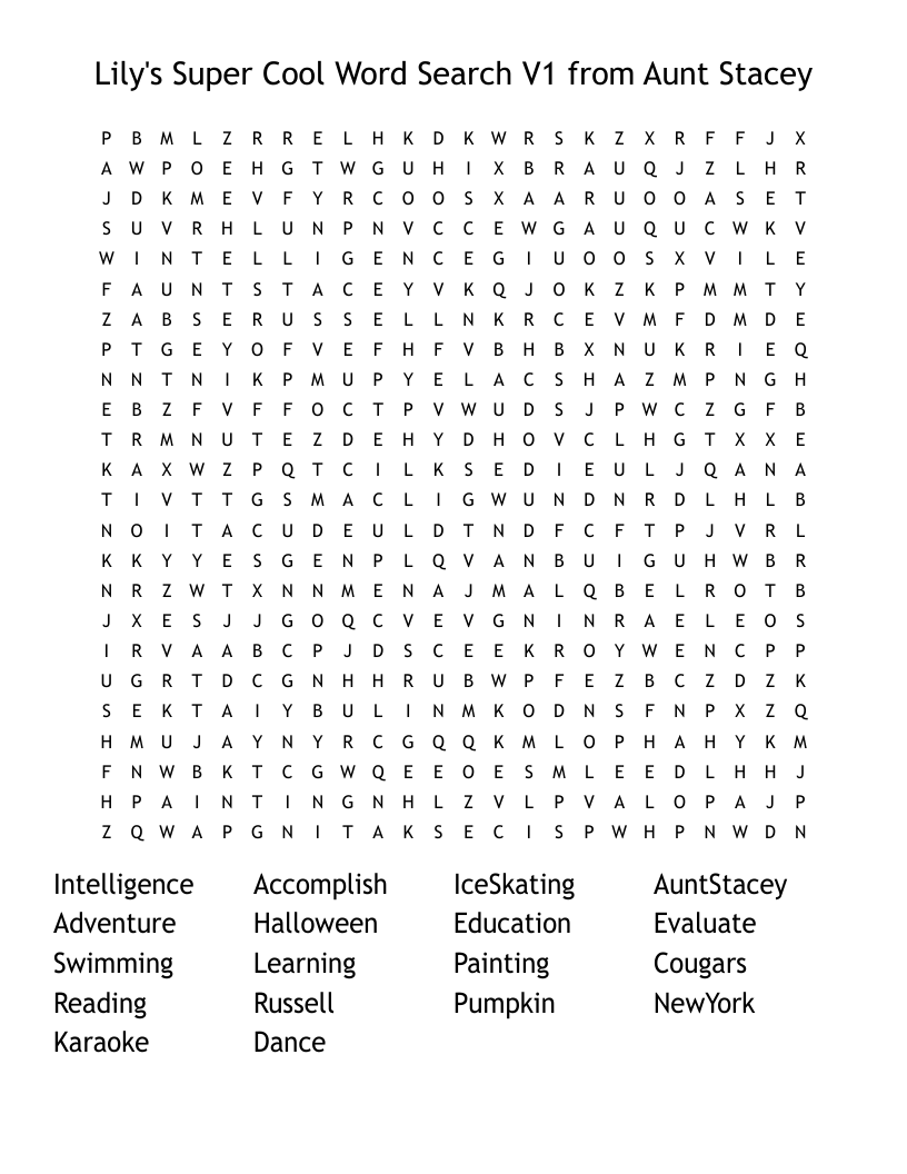 Lily's Super Cool Word Search V1 from Aunt Stacey - WordMint