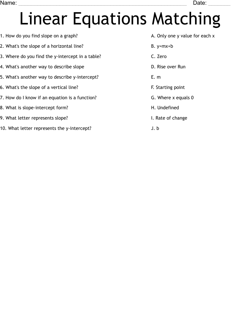 Linear Equations Matching Worksheet WordMint
