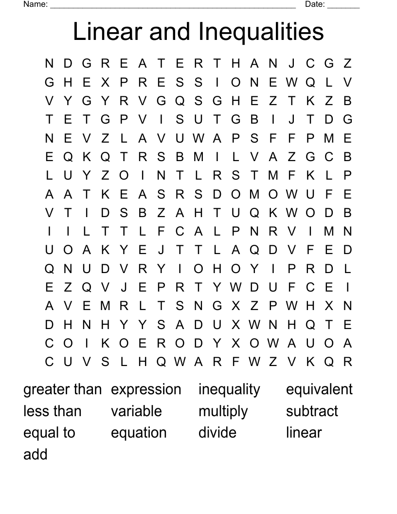 Linear and Inequalities Word Search - WordMint