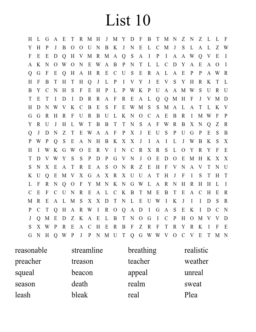 List 10 Word Search - WordMint