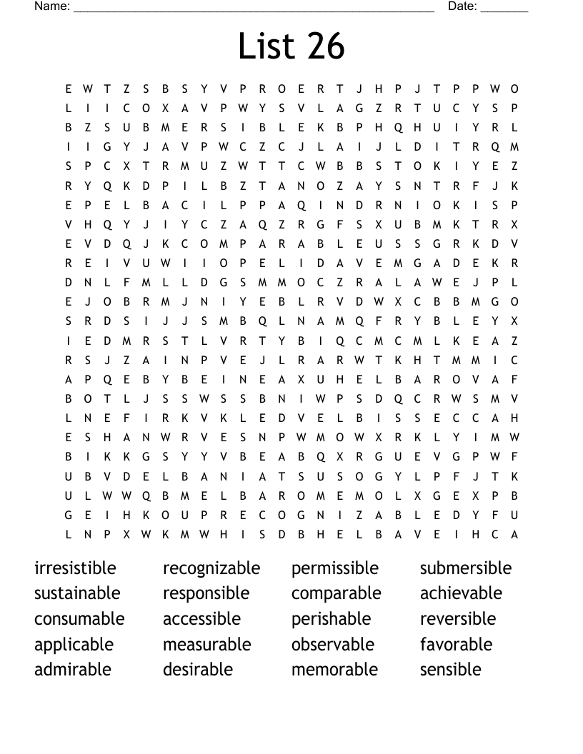 List 26 Word Search - WordMint