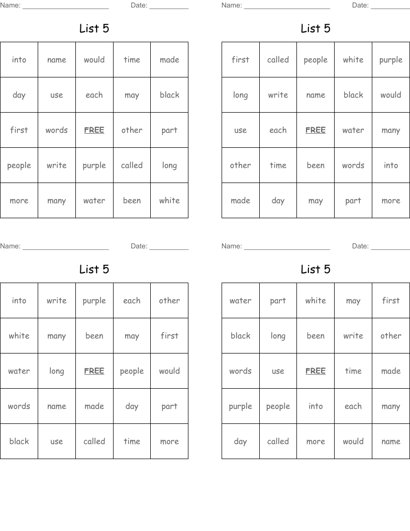 List 5 Bingo Cards WordMint list-5-bingo-cards-wordmint