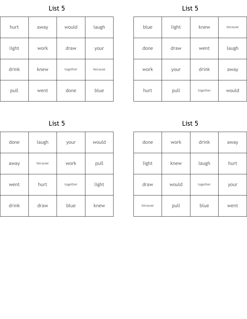 List 5 Bingo Cards - WordMint