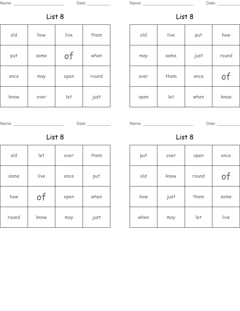 List 8 Bingo Cards - WordMint
