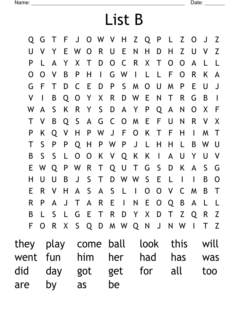 List B Word Search WordMint