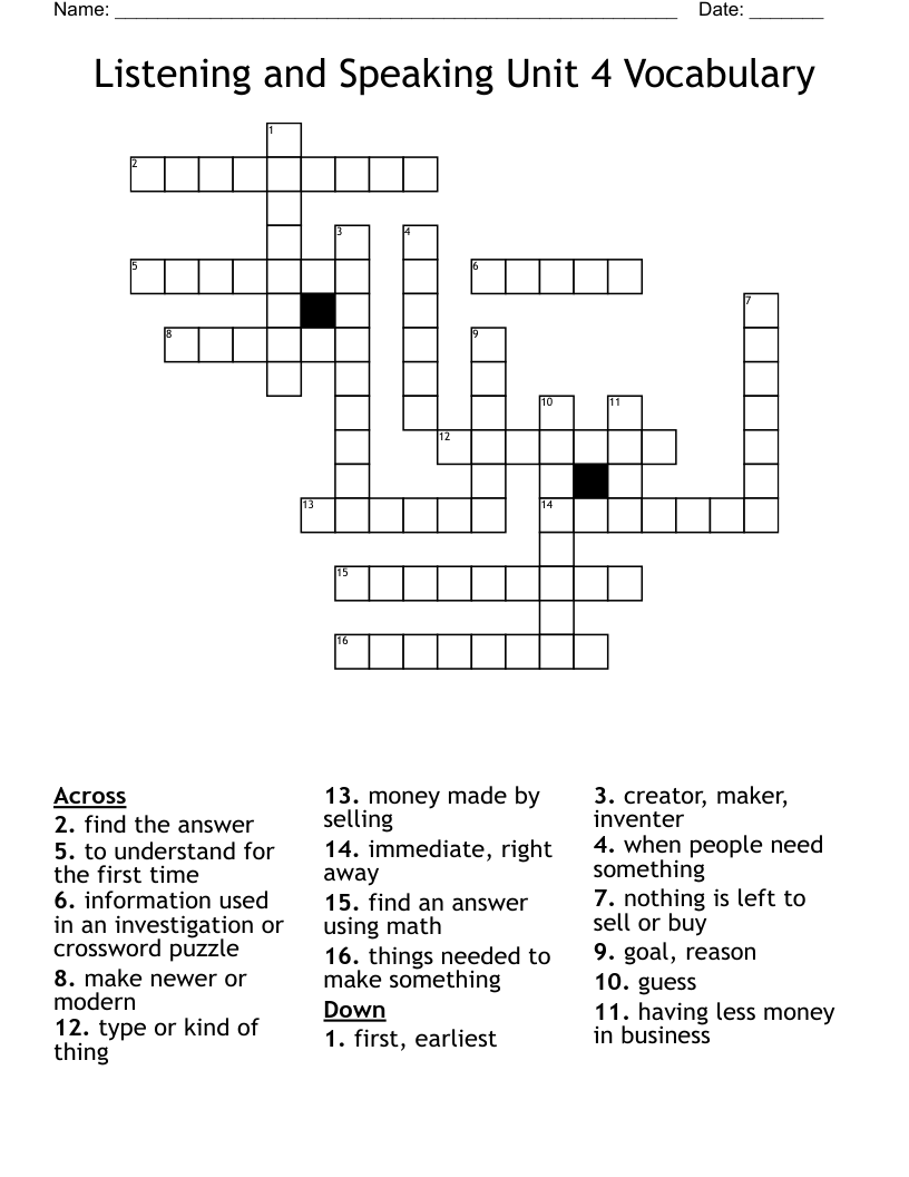 Listening and Speaking Unit 4 Vocabulary Crossword - WordMint