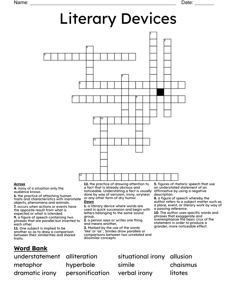 Literary Devices Crossword - WordMint