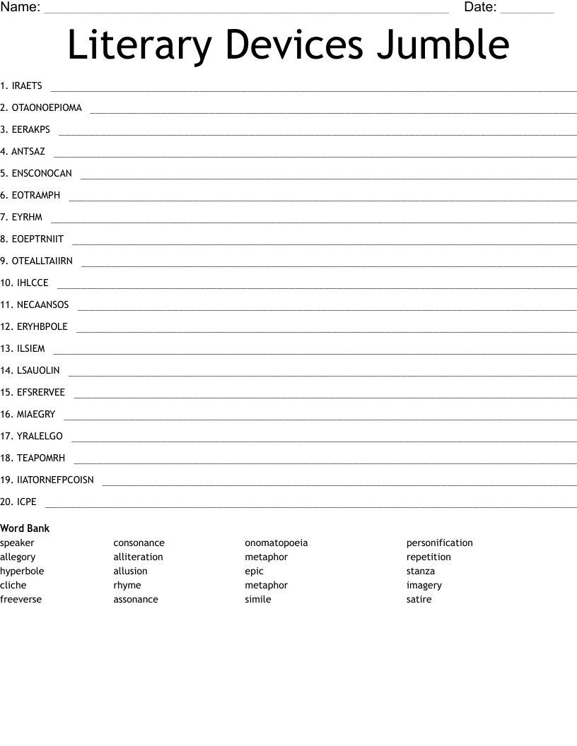 Literary Devices Jumble Word Scramble WordMint