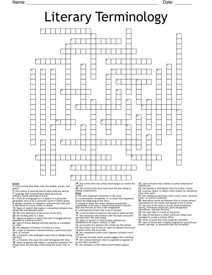 Literary Terminology Crossword - WordMint
