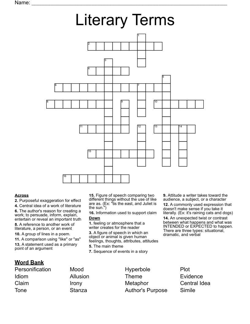 Literary Terms Crossword - WordMint