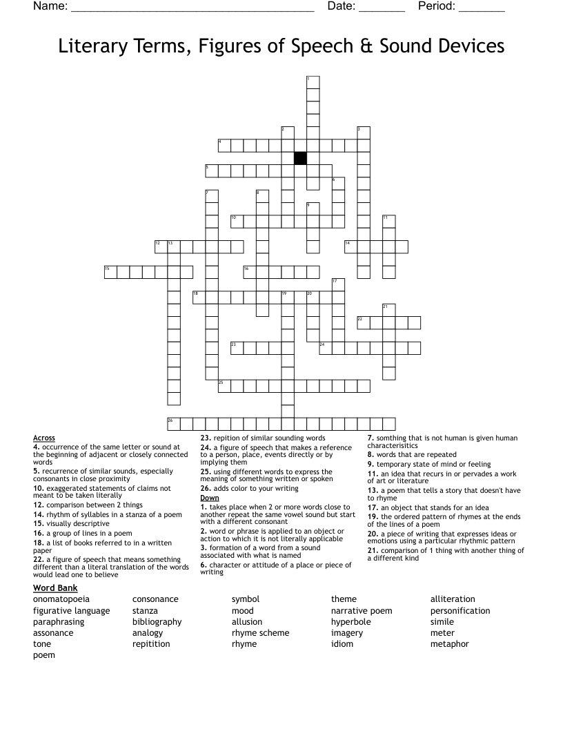 Literary Terms, Figures of Speech & Sound Devices Crossword - WordMint