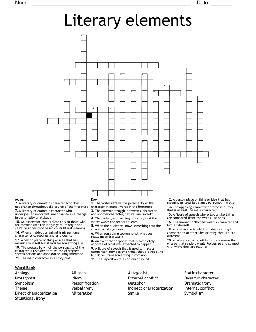 Literary elements Crossword - WordMint
