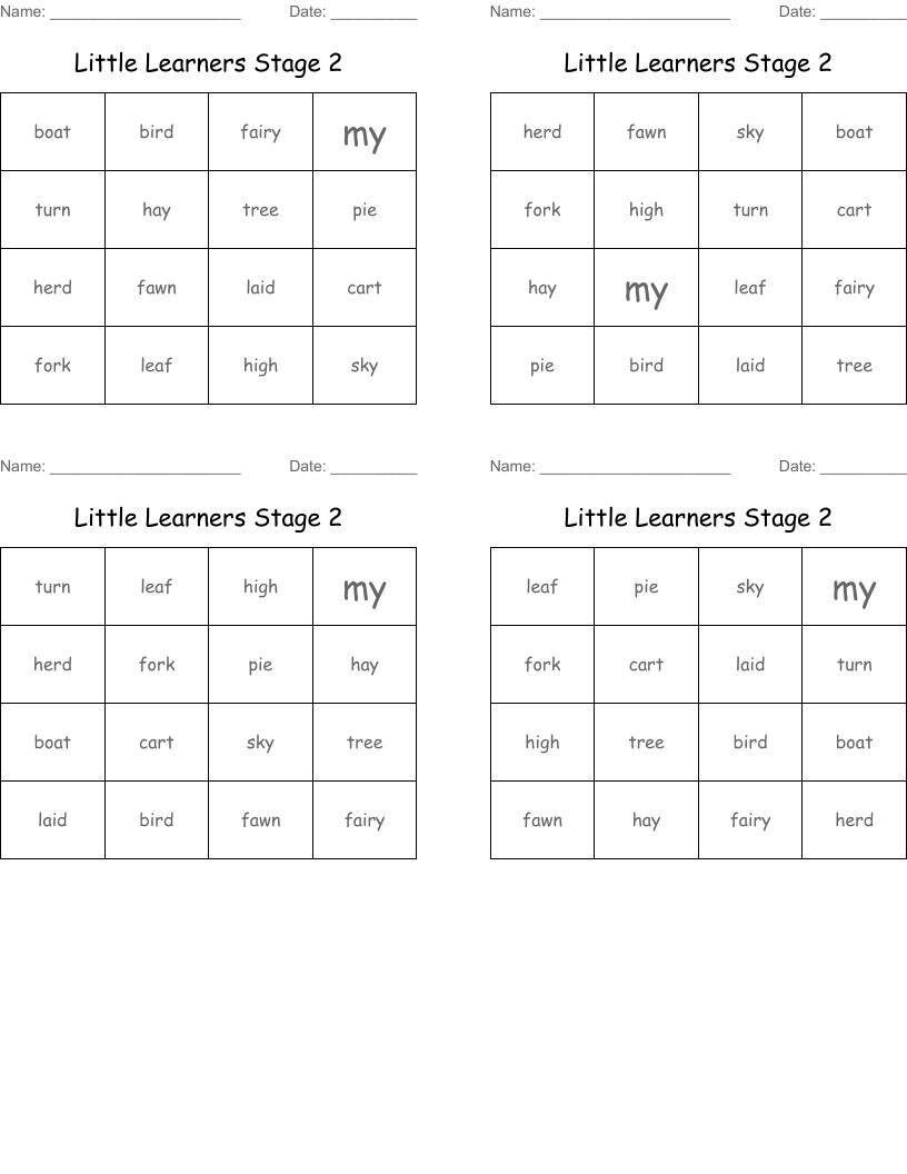 Little Learners Stage 2 Bingo Cards - WordMint