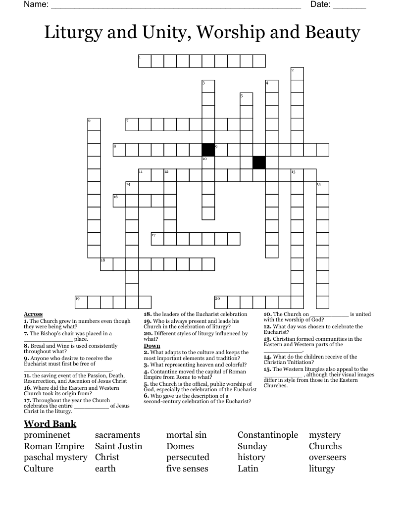 Liturgy and Unity, Worship and Beauty Crossword - WordMint